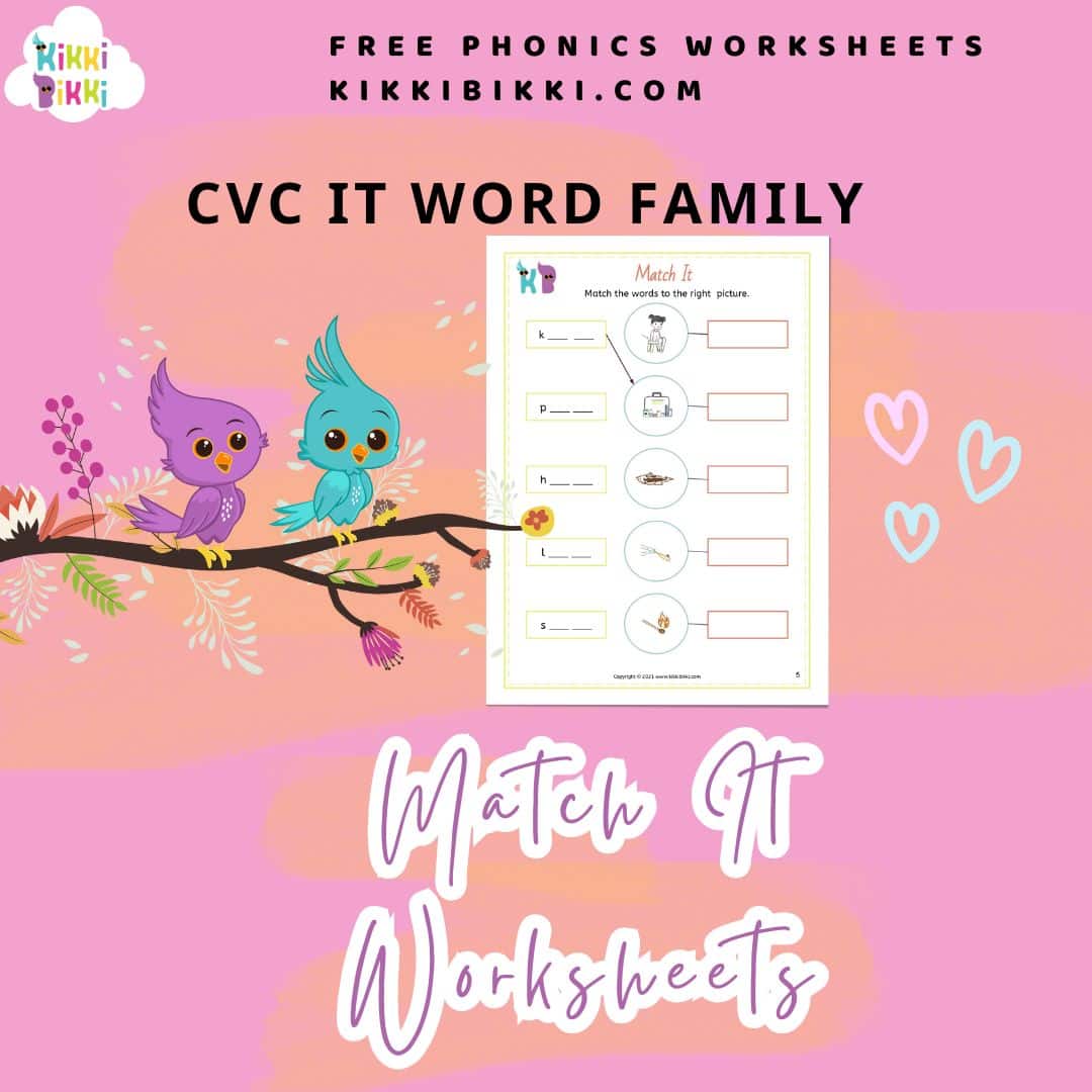 CVC IT Word Family - Match It Worksheets for Kindergarten