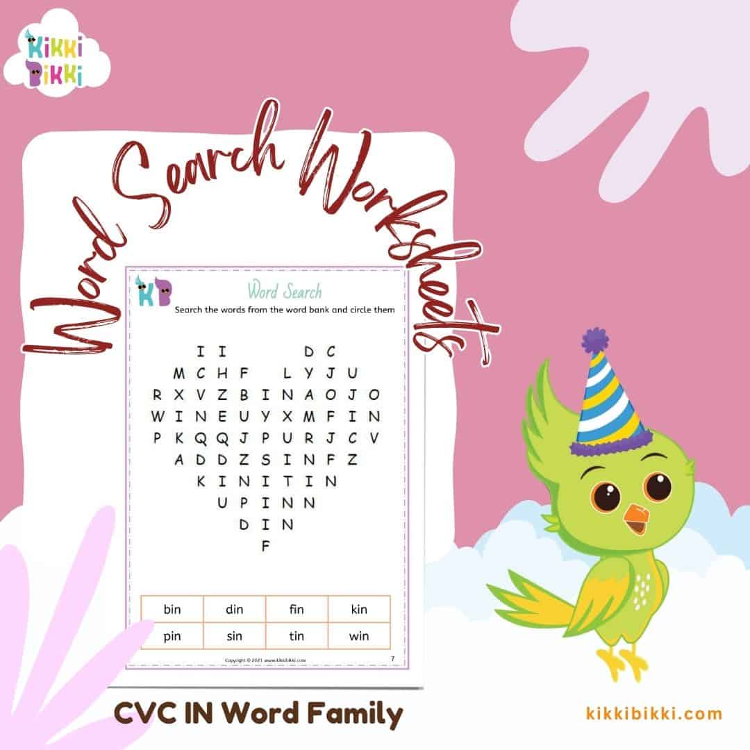CVC Words: IN Word Family - Word Search Worksheets