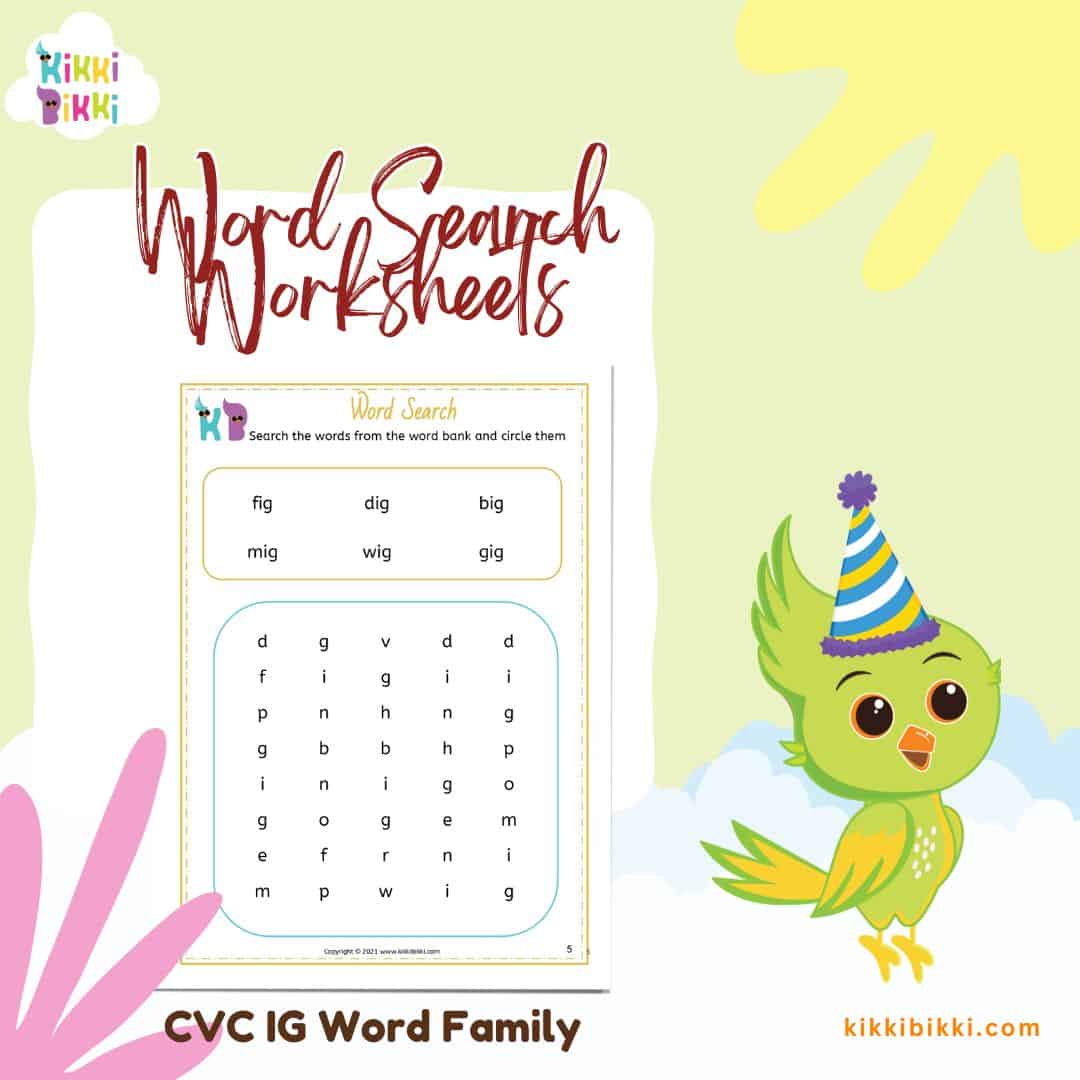CVC IG Word Family - Word Search Worksheets for Kindergarten