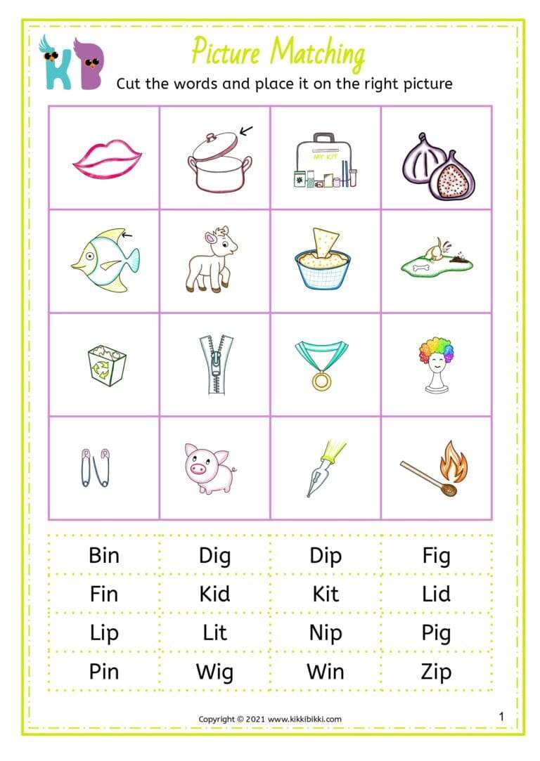 Consolidating CVC I Word Family: Picture Matching Worksheet