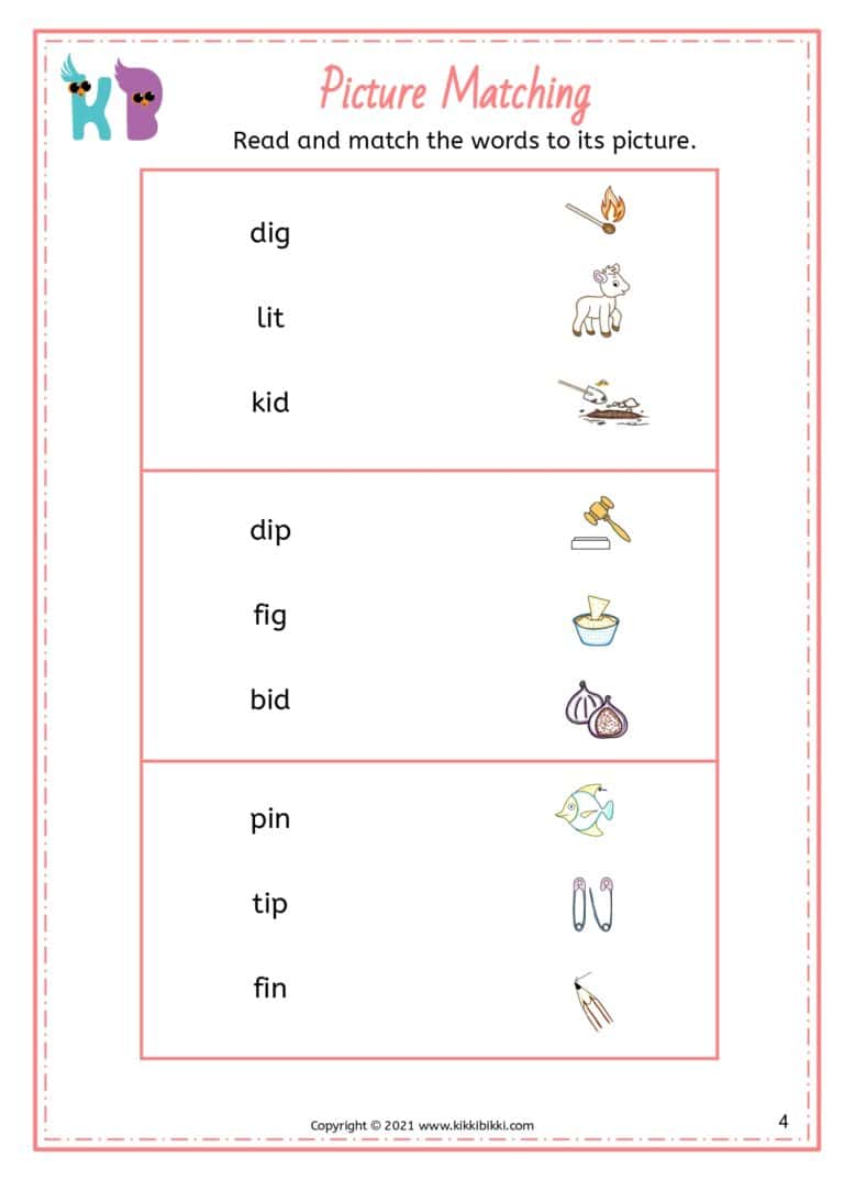 Consolidating CVC I Word Family: Picture Matching Worksheet