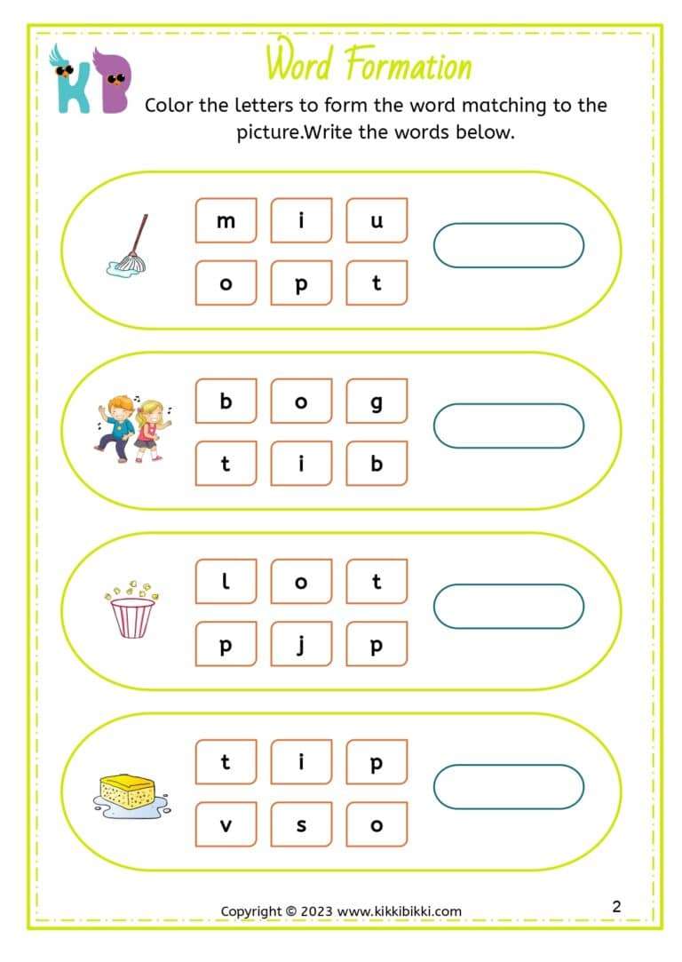 CVC OP Word Family and Word Formation Worksheet