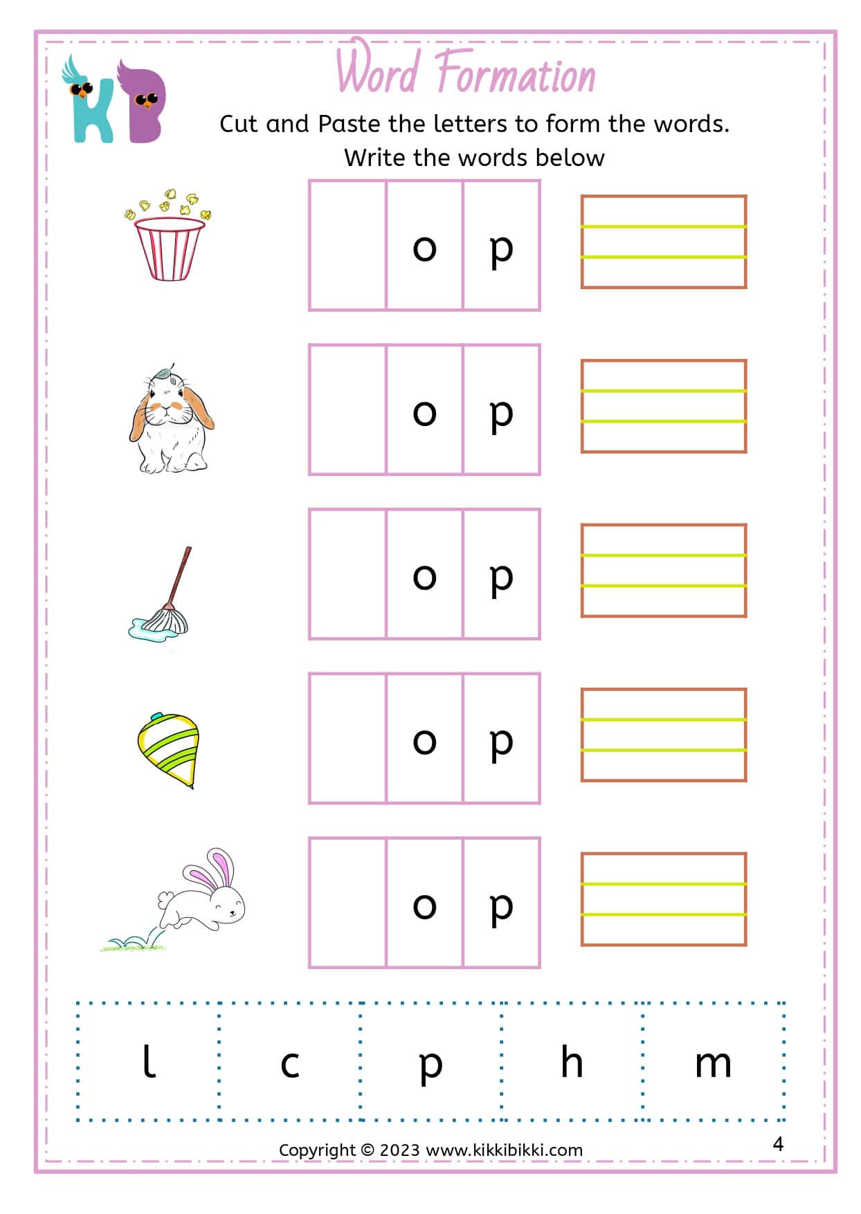 CVC OP Word Family and Word Formation Worksheet