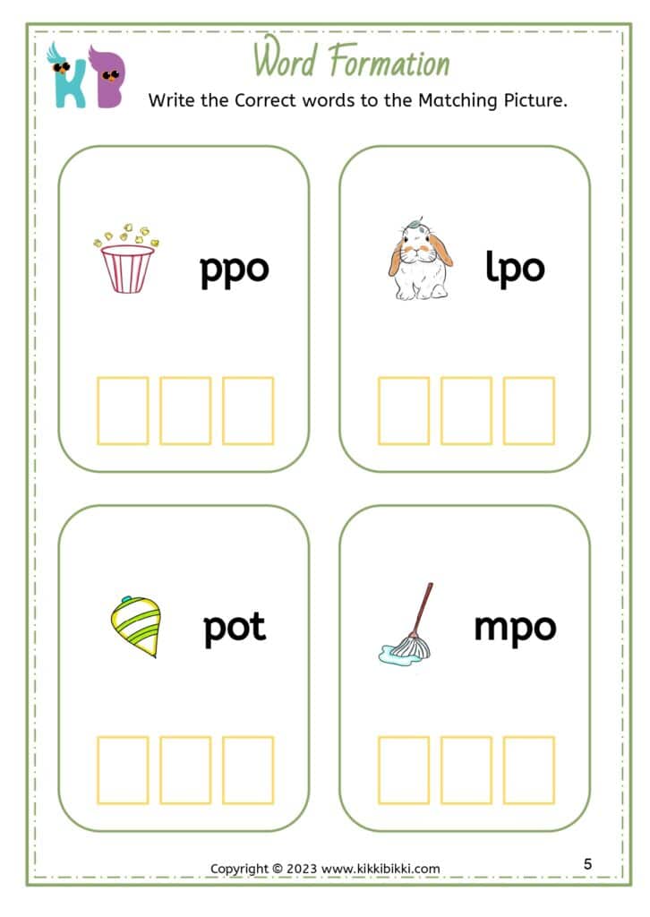 CVC OP Word Family and Word Formation Worksheet