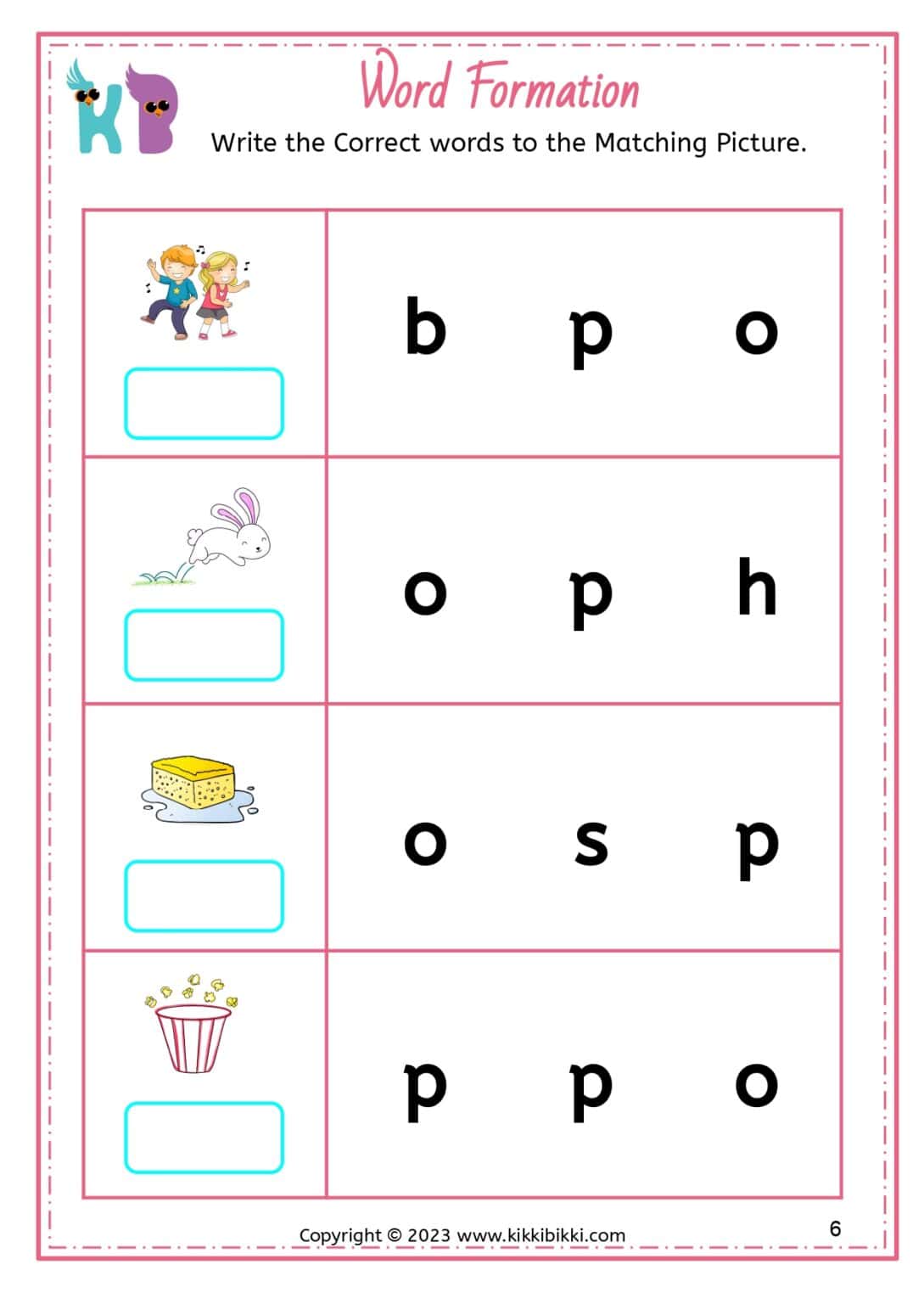 CVC OP Word Family and Word Formation Worksheet