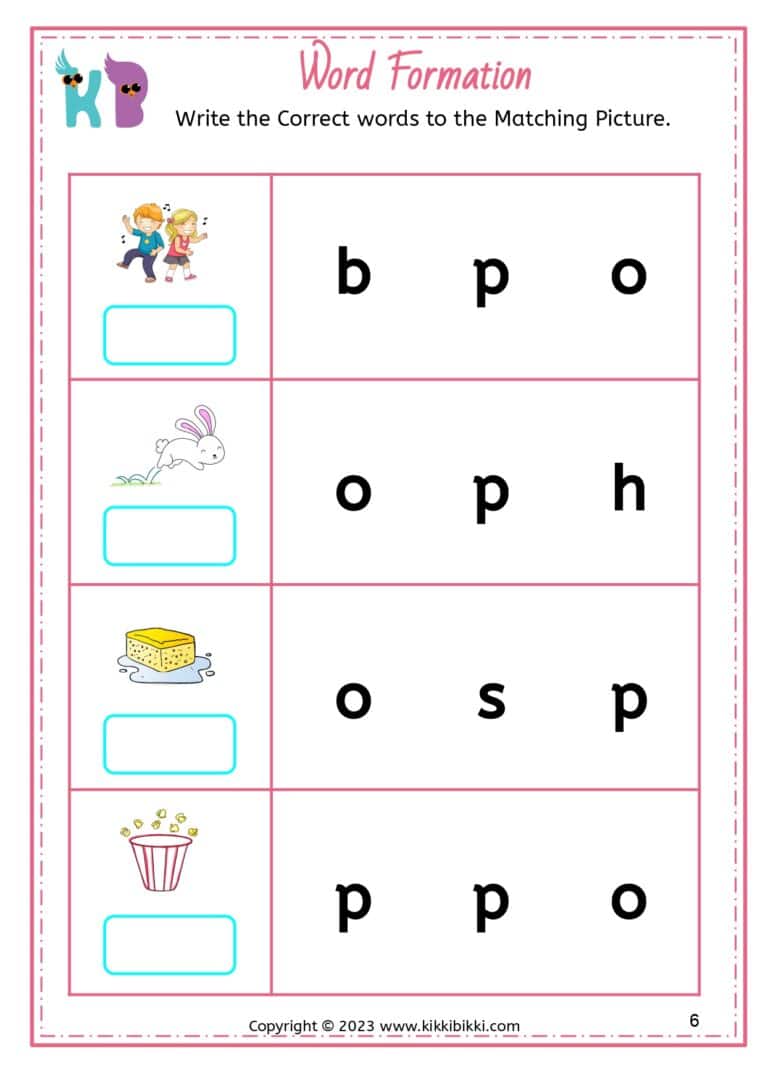 CVC OP Word Family and Word Formation Worksheet