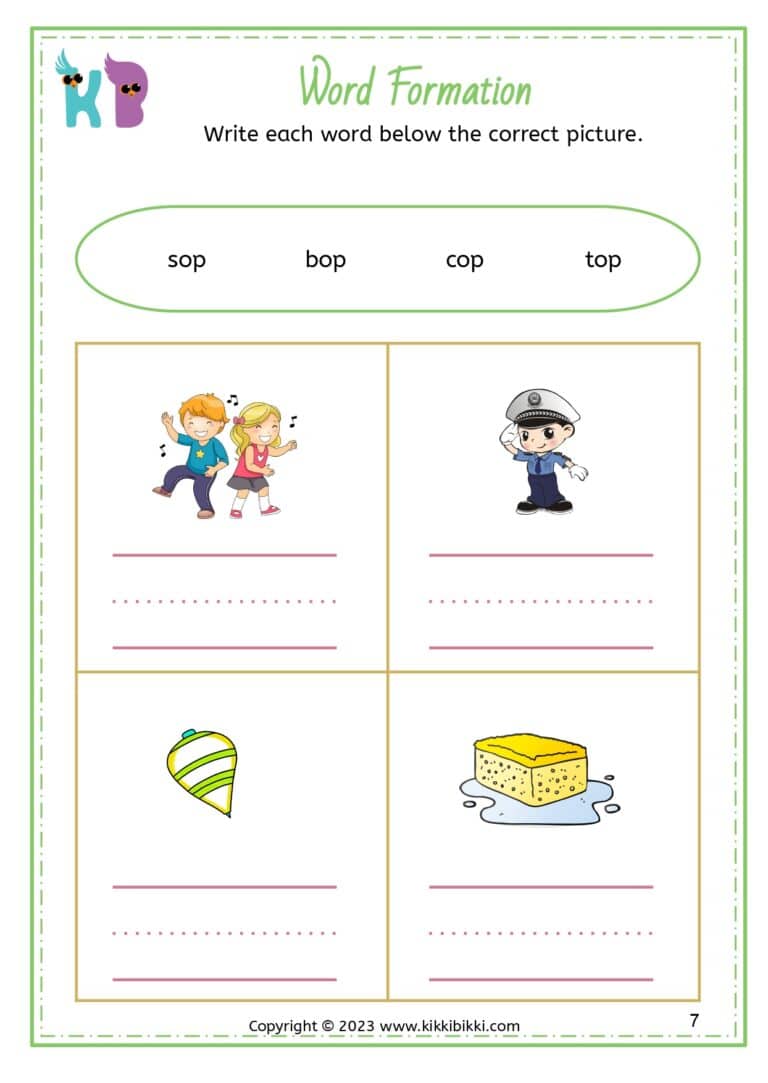 CVC OP Word Family and Word Formation Worksheet