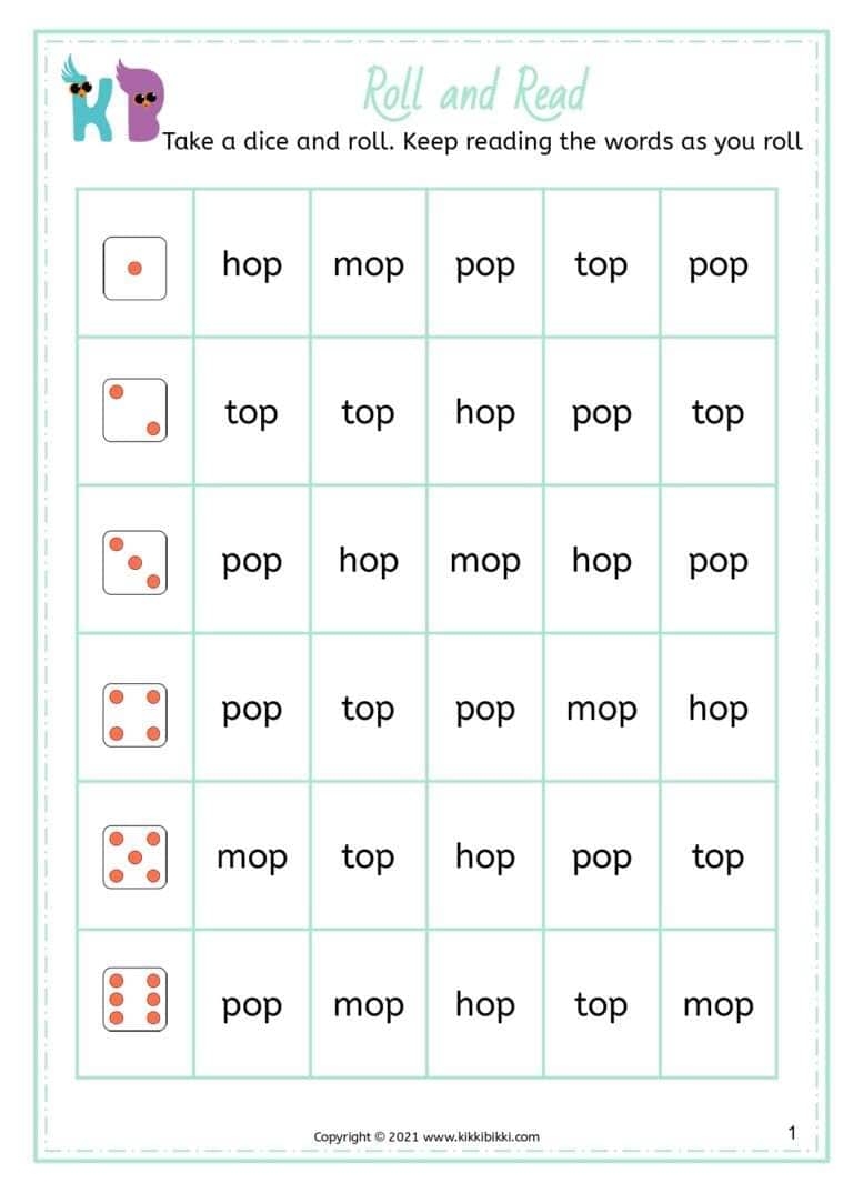 CVC OP Word Family Roll and Read Worksheets