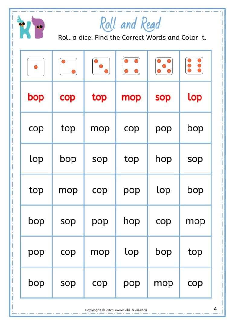 CVC OP Word Family Roll and Read Worksheets