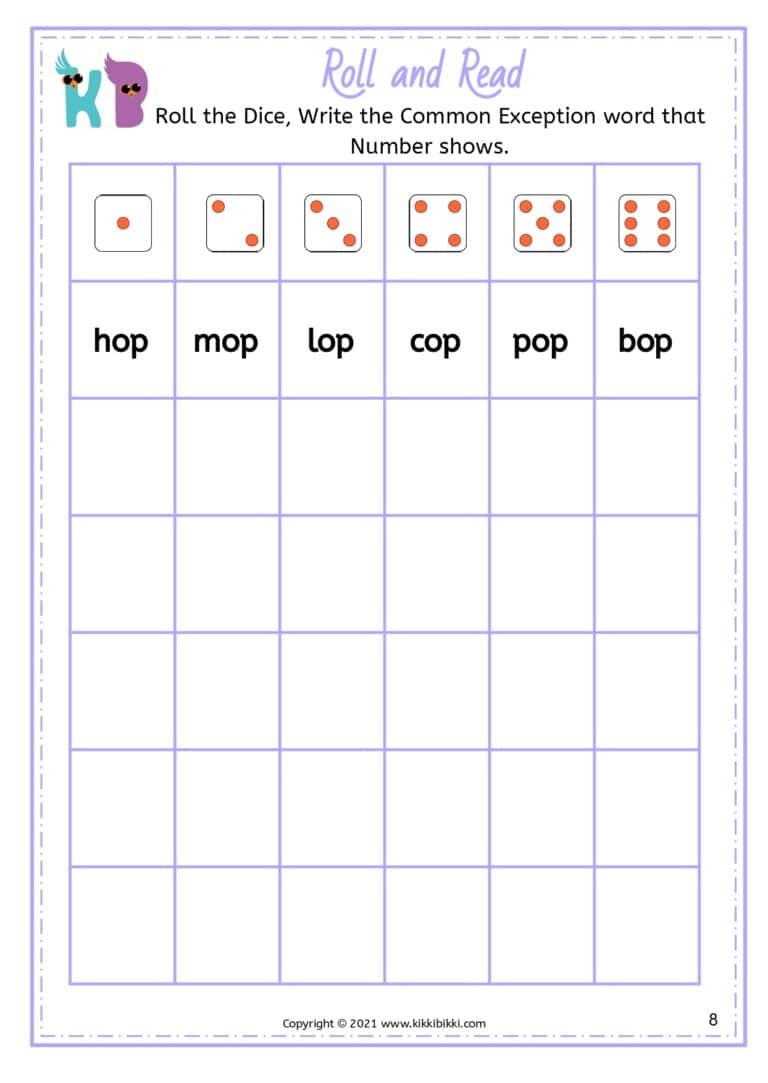 CVC OP Word Family Roll and Read Worksheets