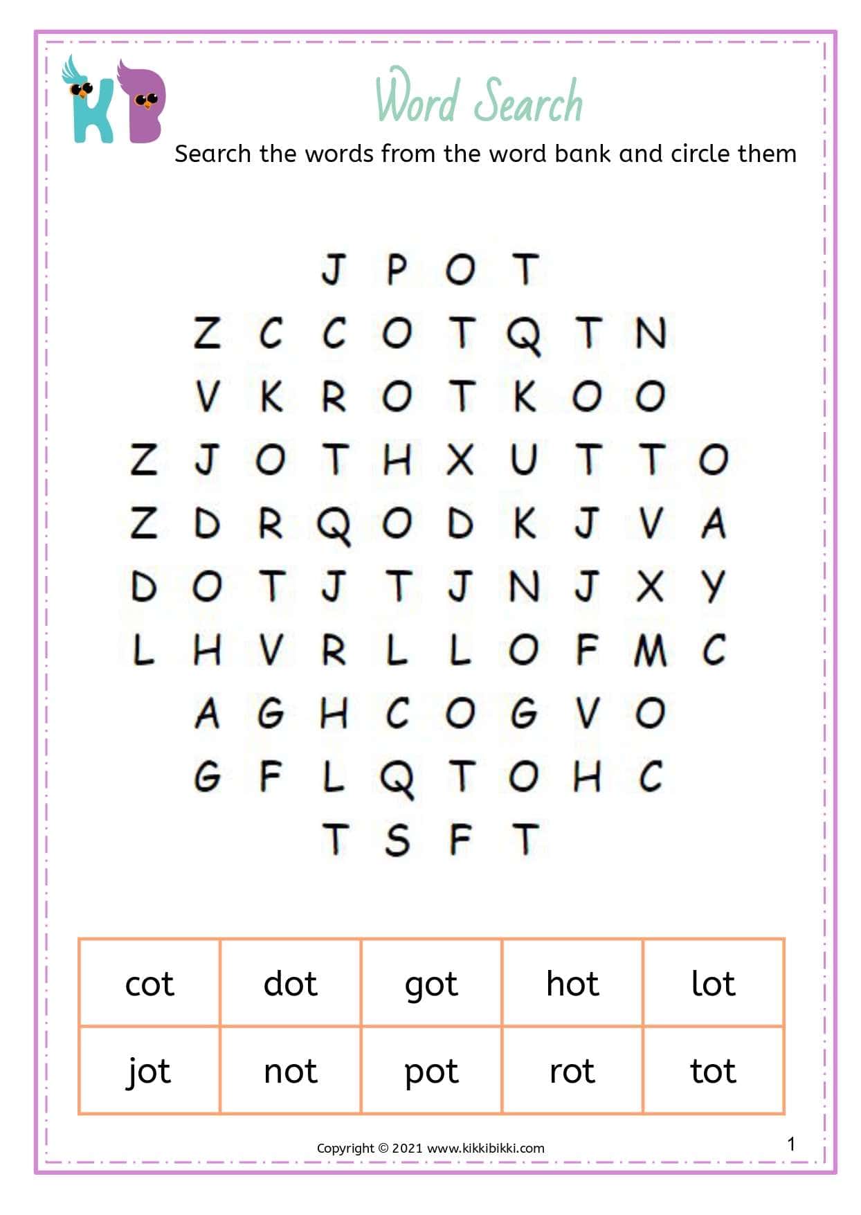 Phonics Adventure - CVC OT Word Family Word Search Worksheet