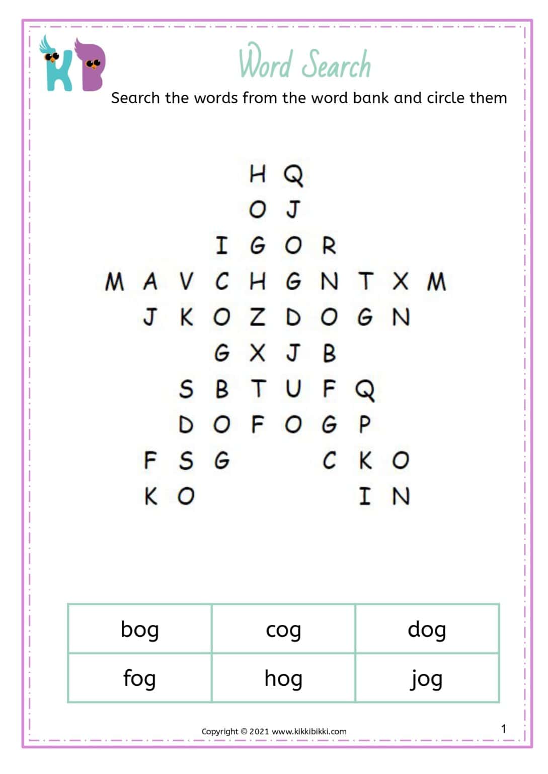 Word Search Worksheets: CVC OG Word Family