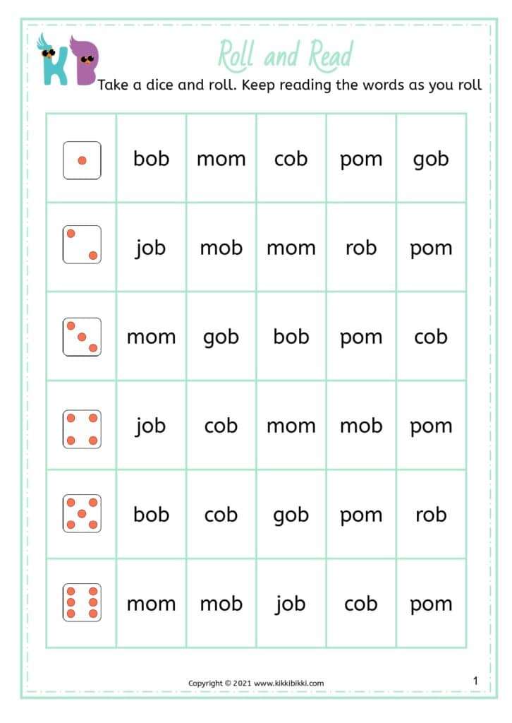 Roll and Read Worksheets: CVC OB-OM Word Family