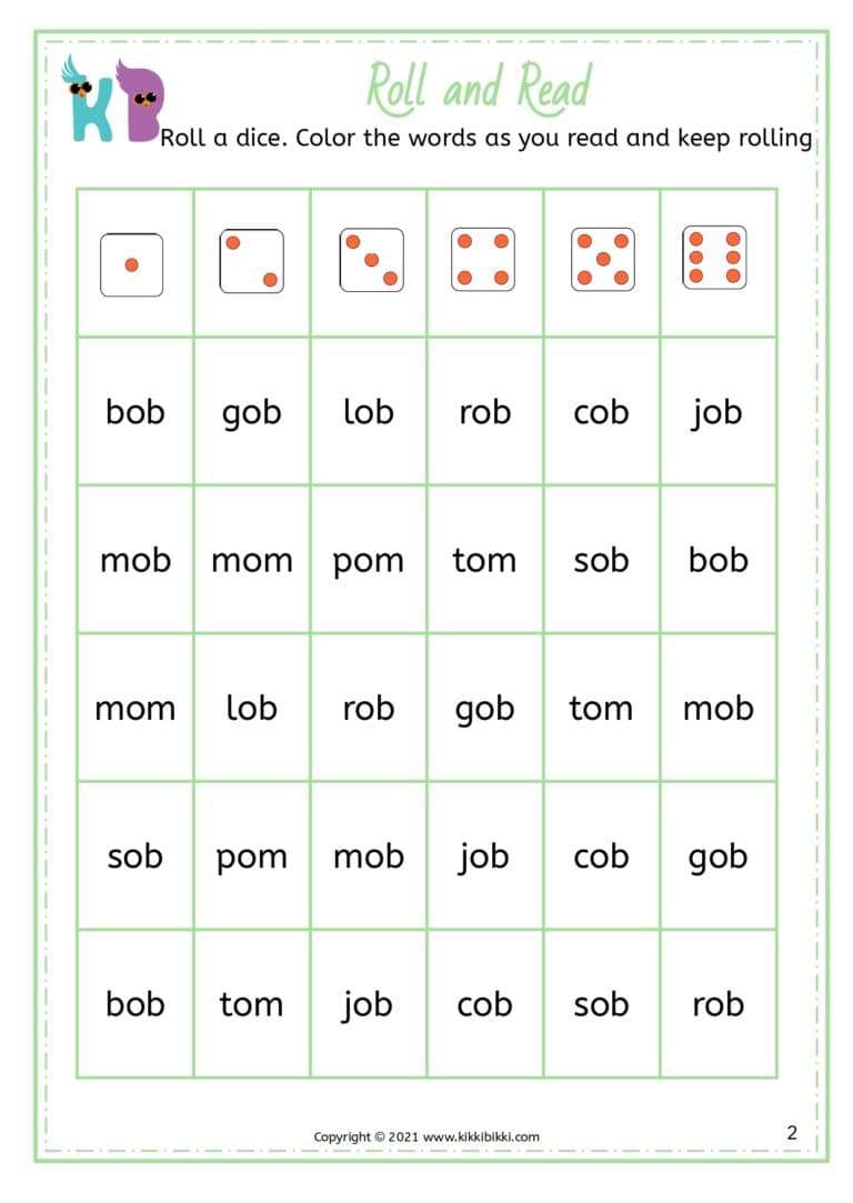 Roll and Read Worksheets: CVC OB-OM Word Family