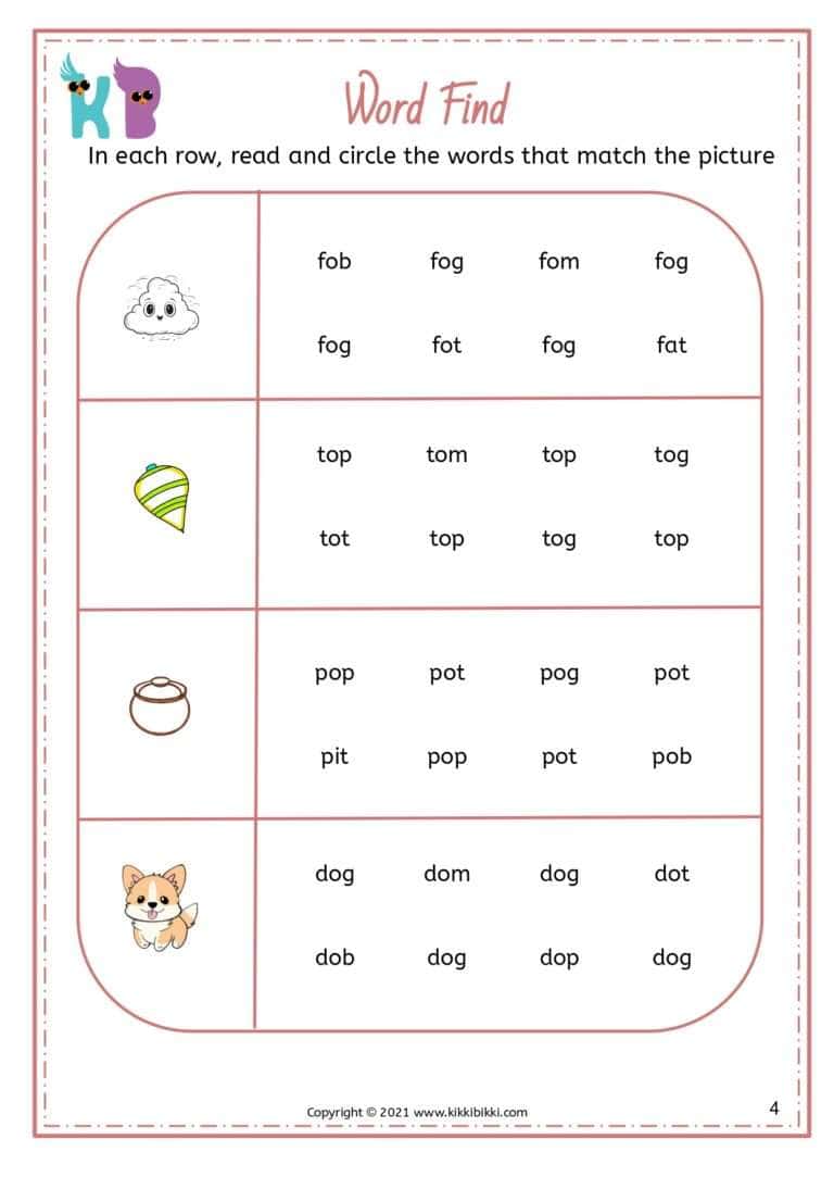Consolidation of CVC O Word Family - Read and Find Worksheets