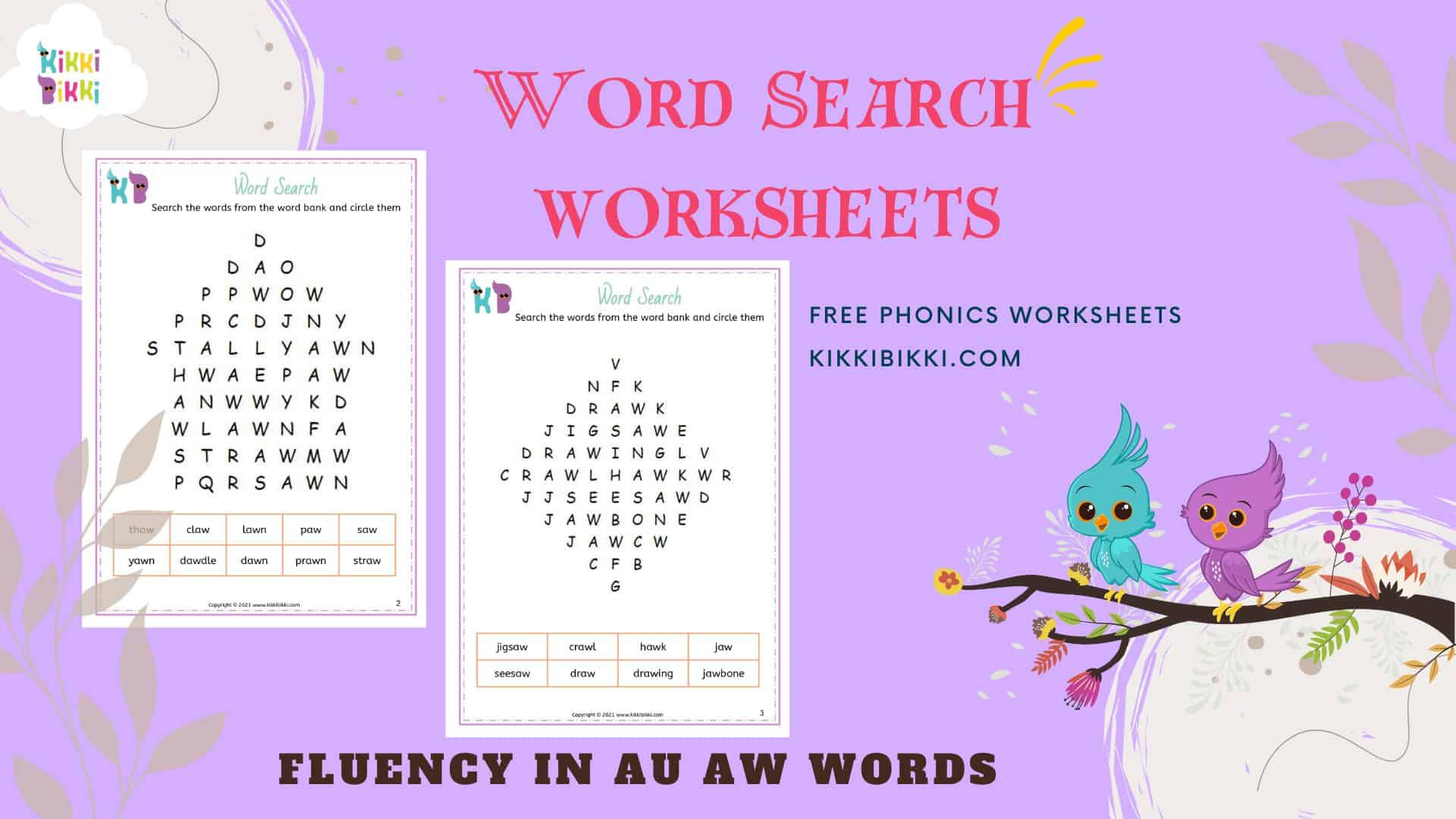 AU and AW Words: Free Phonics Word Search Worksheets