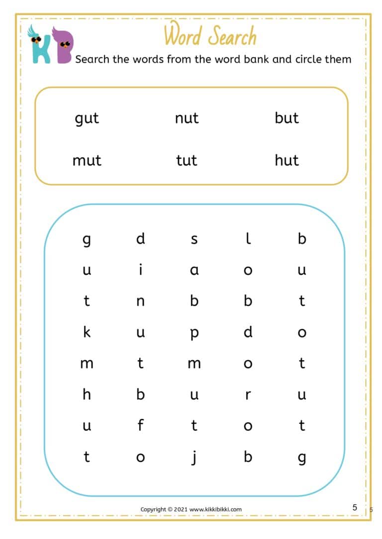 Exploring CVC UT Word Family: Word Search Worksheet