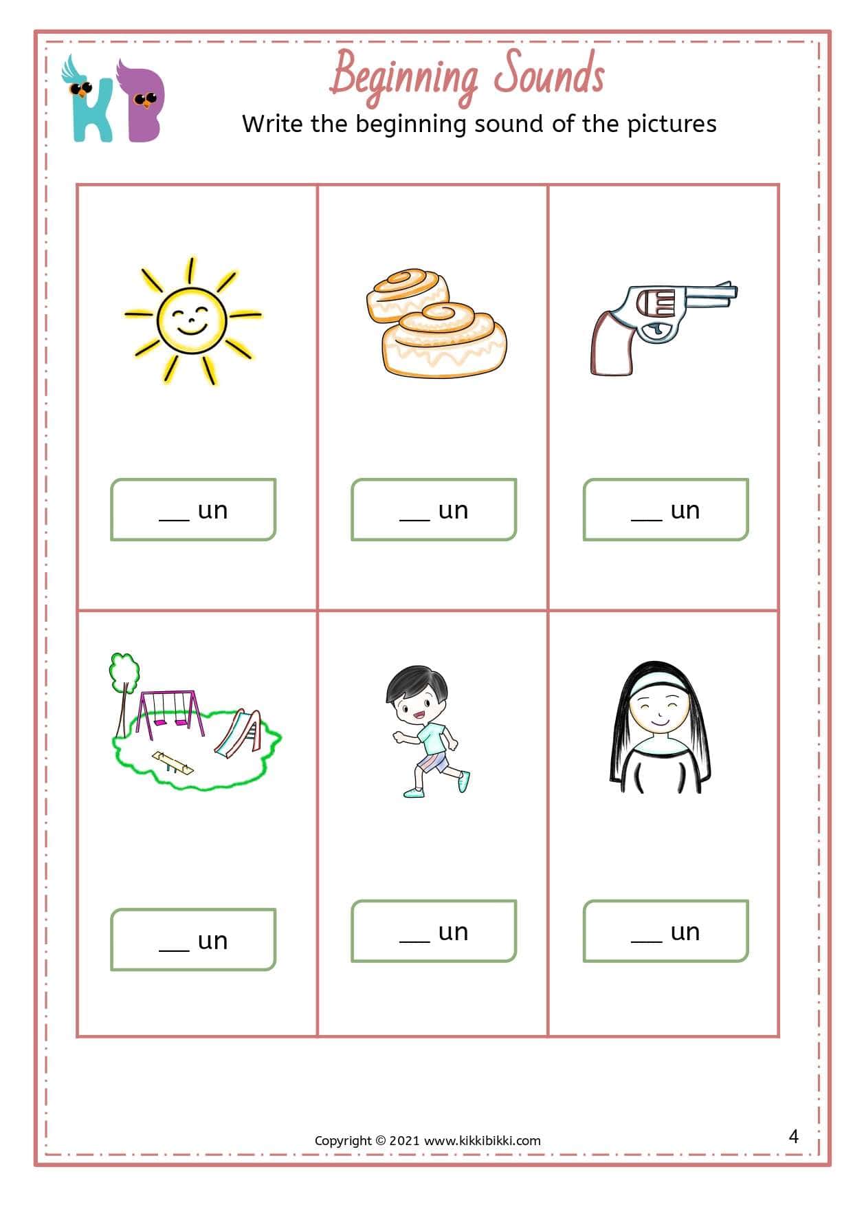 CVC UN Word Family - Beginning Sounds Worksheets