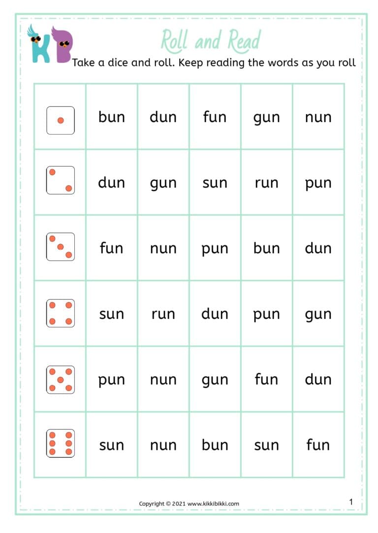 CVC UN Word Family Roll and Read Worksheets