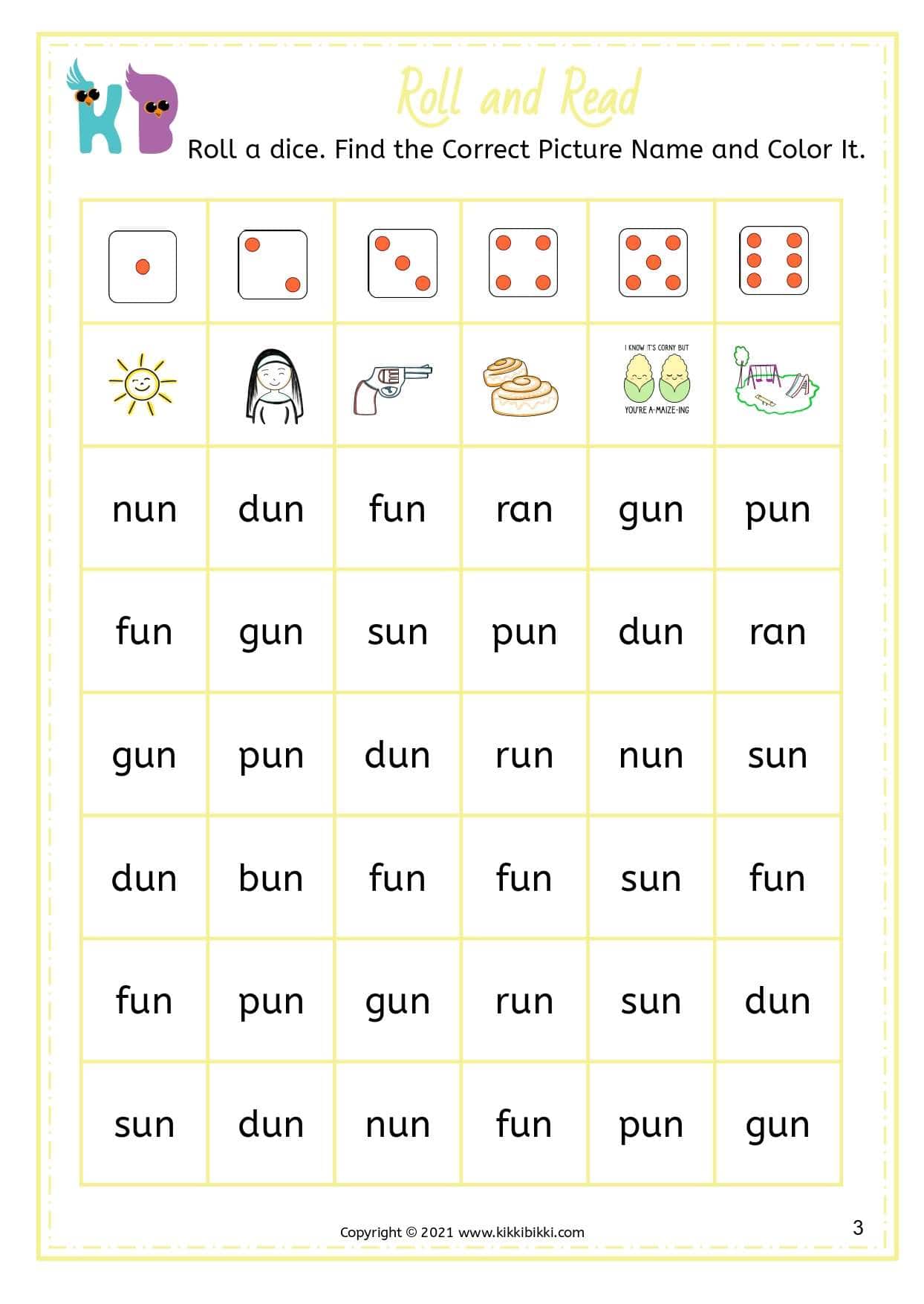 CVC UN Word Family Roll and Read Worksheets