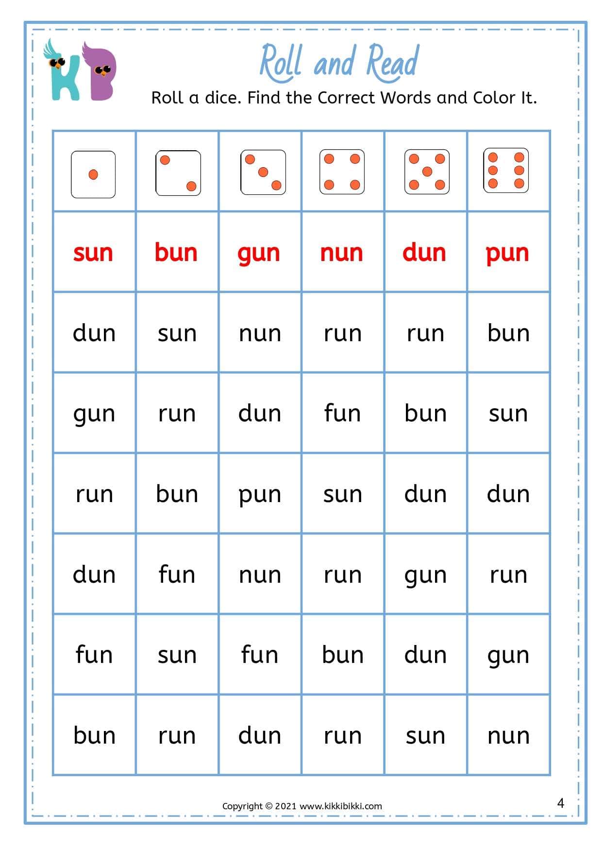 CVC UN Word Family Roll and Read Worksheets