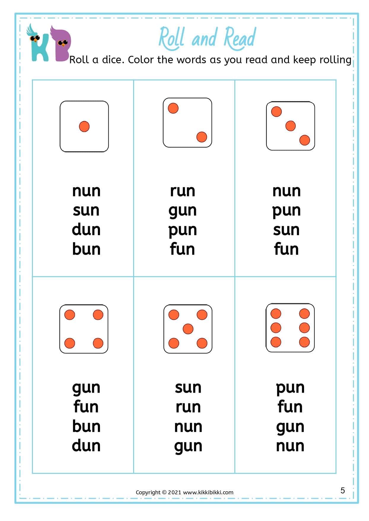 CVC UN Word Family Roll and Read Worksheets