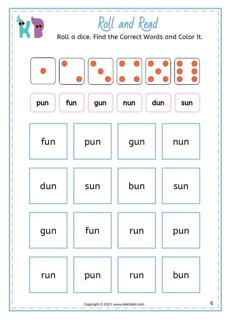 CVC UN Word Family Roll and Read Worksheets