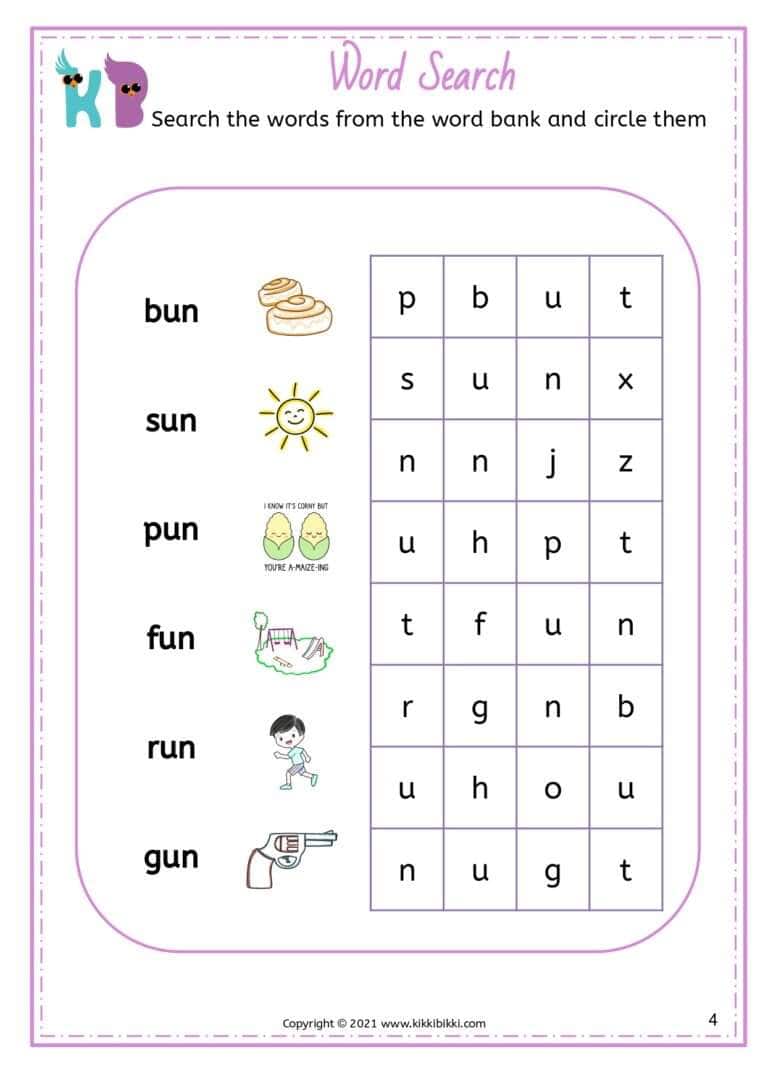 CVC UN Word Family Word Search Worksheets