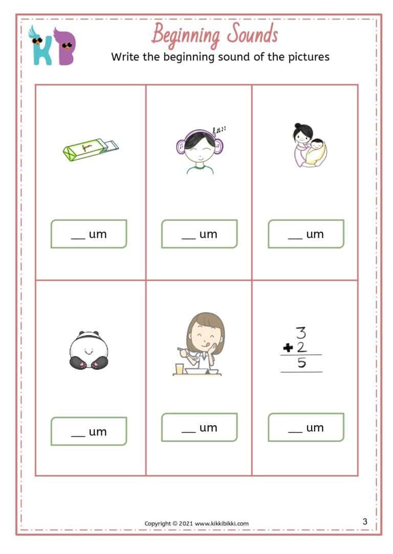CVC UM Word Family: Beginning Sounds Worksheets