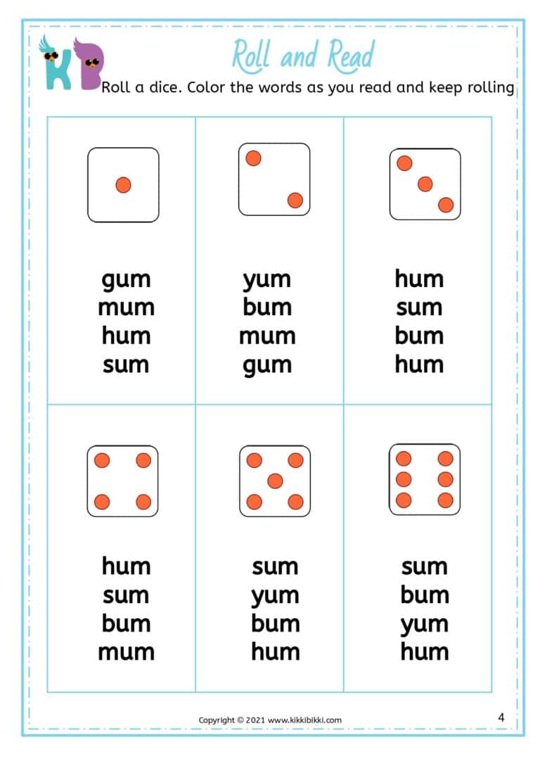 CVC UM Word Family Roll and Read Worksheets
