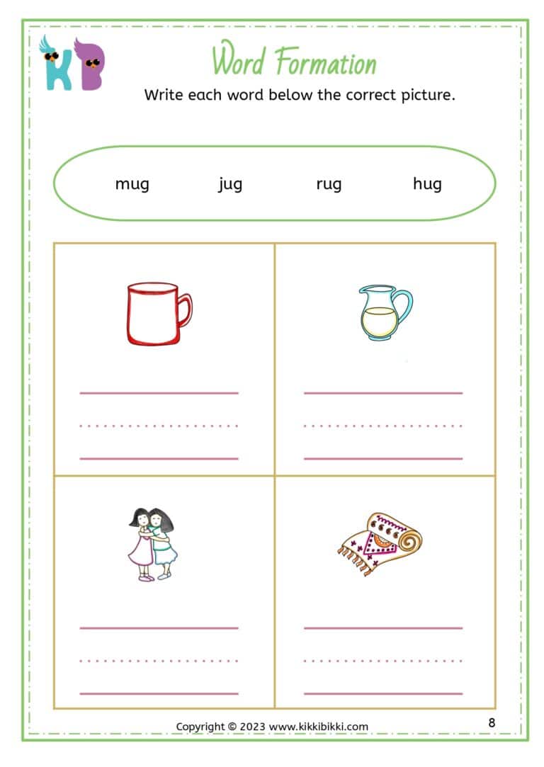 CVC UG Word Family: Word Formation Worksheets