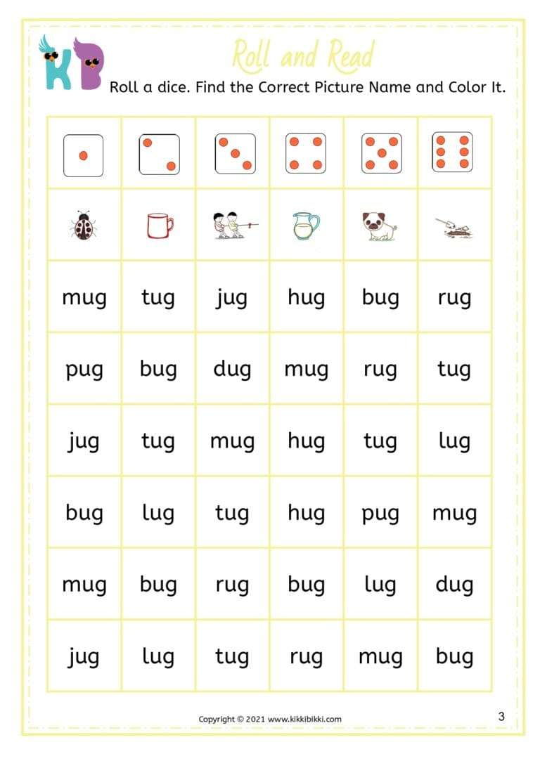 CVC UG Word Family: Roll and Read Worksheets for Phonics Fun