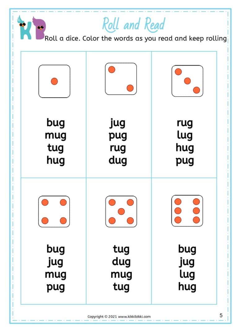 CVC UG Word Family: Roll and Read Worksheets for Phonics Fun