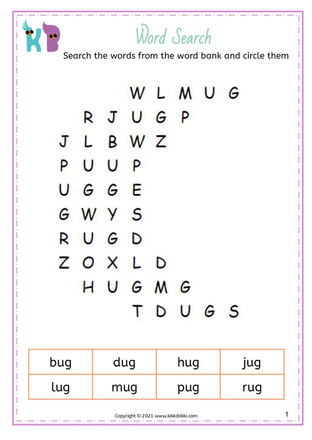 CVC UG Word Family - Word Search Worksheets