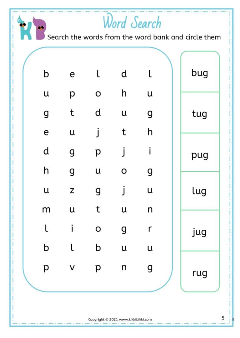 CVC UG Word Family - Word Search Worksheets