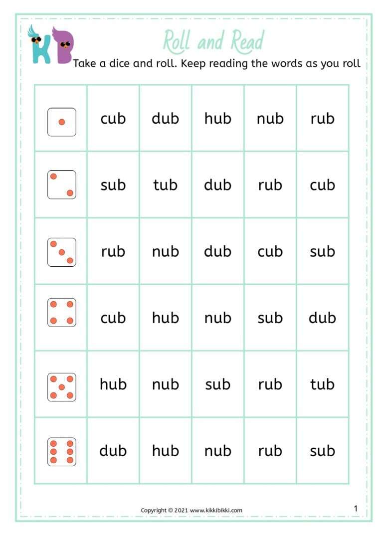CVC UB Word Family - Roll and Read Worksheets