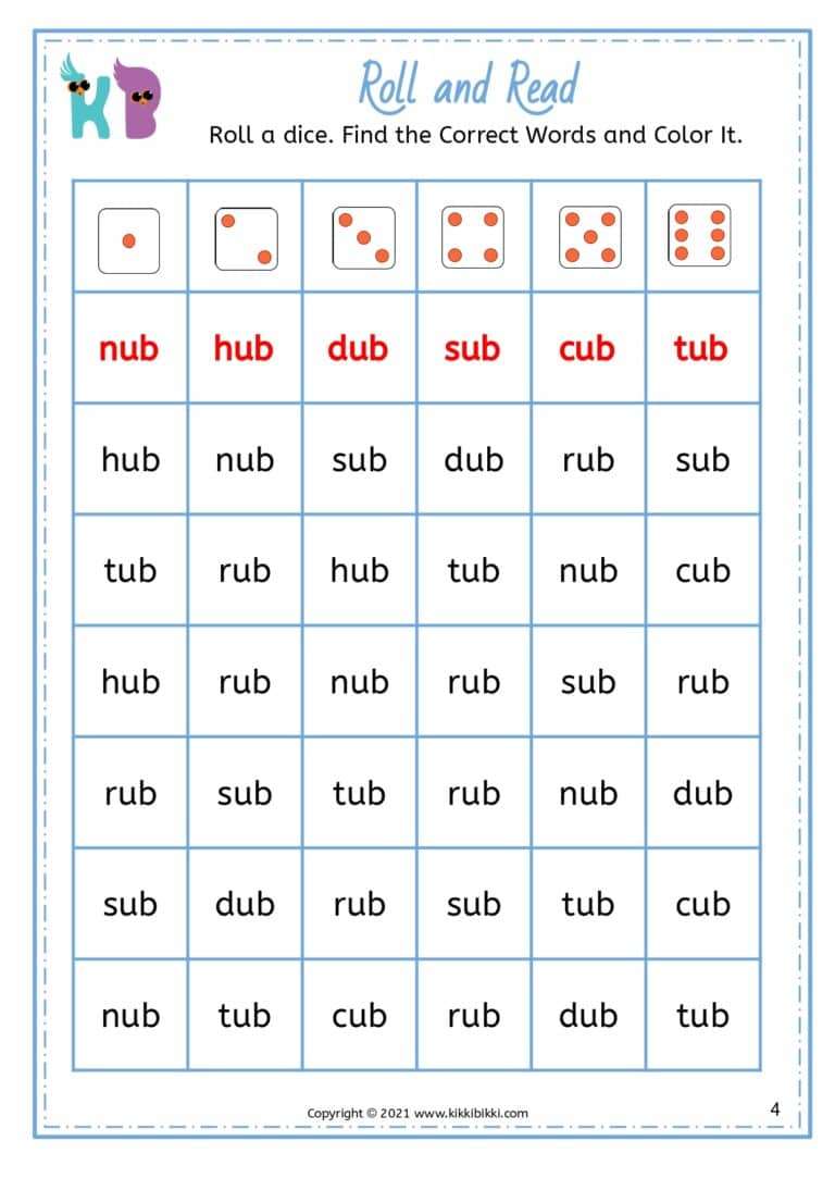 CVC UB Word Family - Roll and Read Worksheets