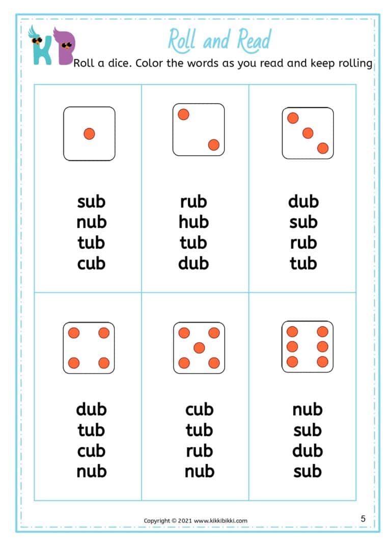 CVC UB Word Family - Roll and Read Worksheets