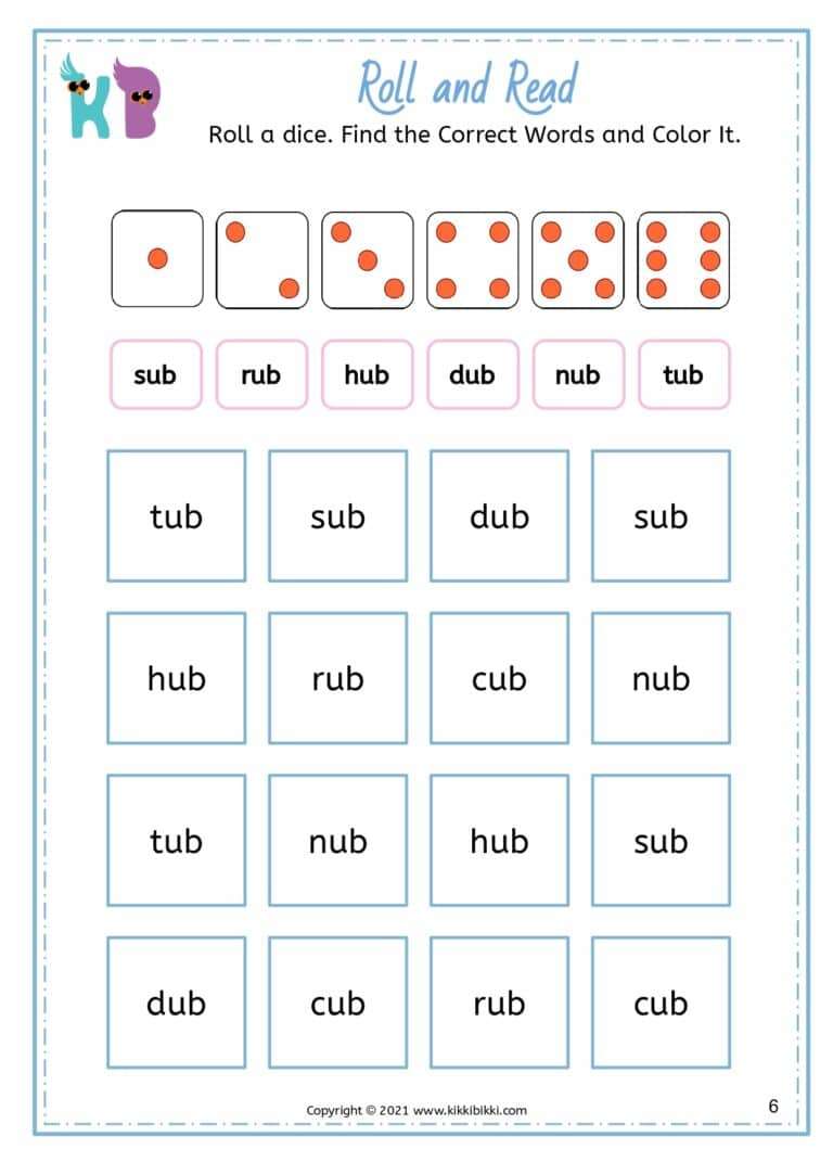 CVC UB Word Family - Roll and Read Worksheets