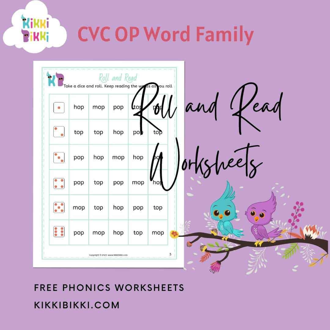 CVC OP Word Family Roll and Read Worksheets