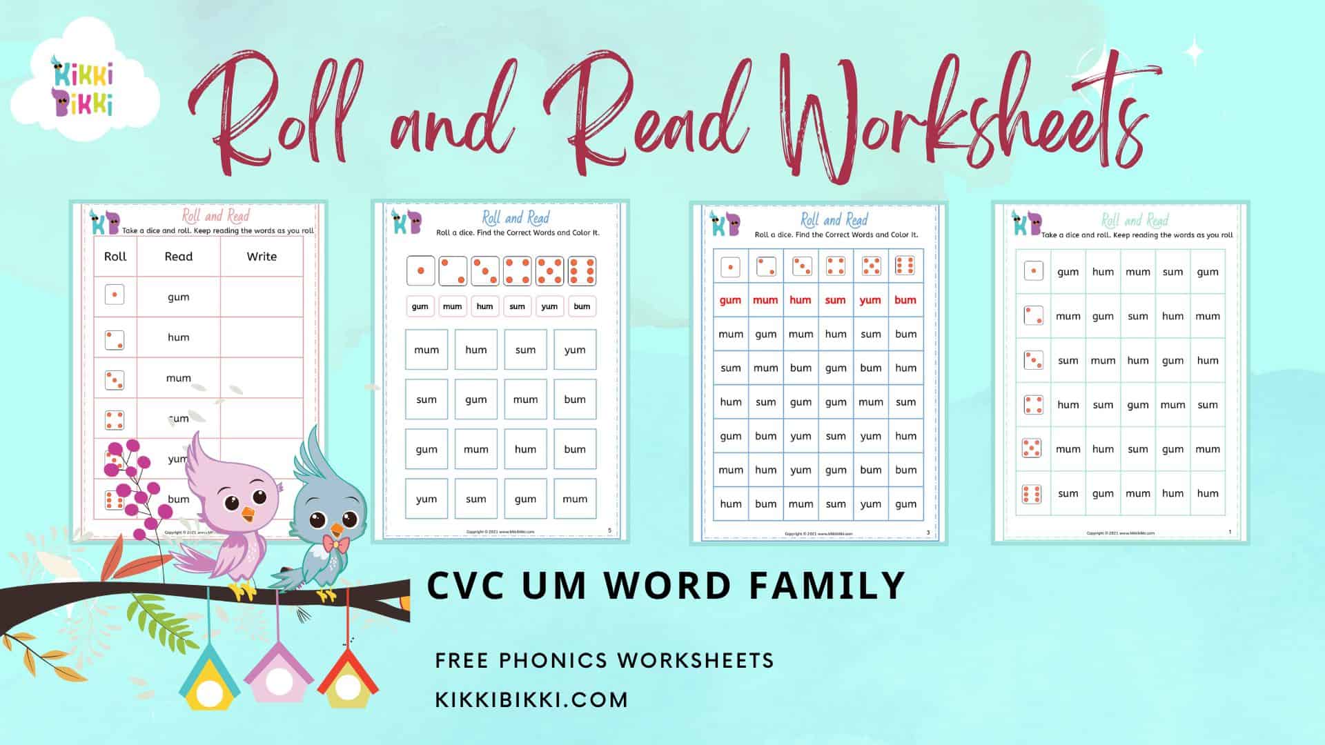 CVC UM Word Family Roll and Read Worksheets