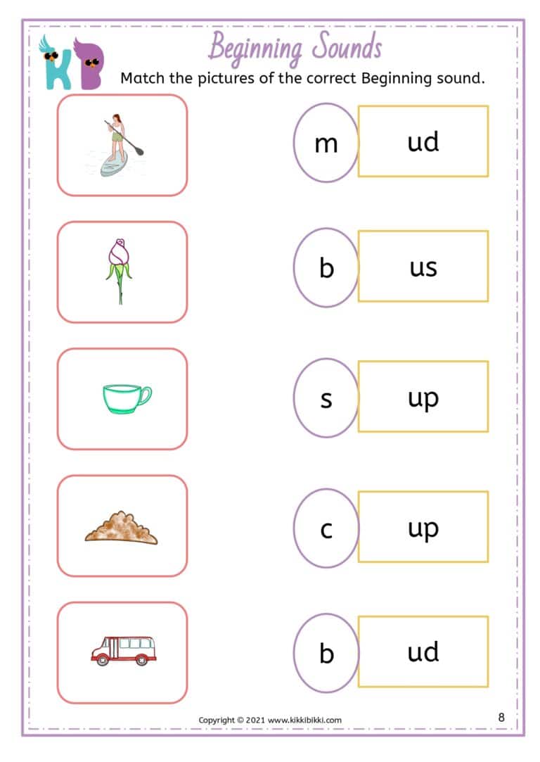 CVC UP, UD, and US Word Family - Beginning Sounds Worksheets