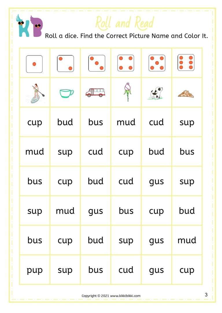 CVC UP, UD, and US Word Family - Roll and Read Worksheets