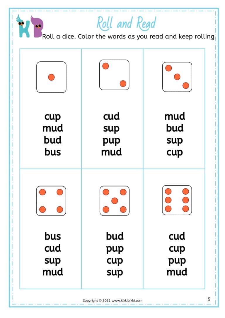 CVC UP, UD, and US Word Family - Roll and Read Worksheets