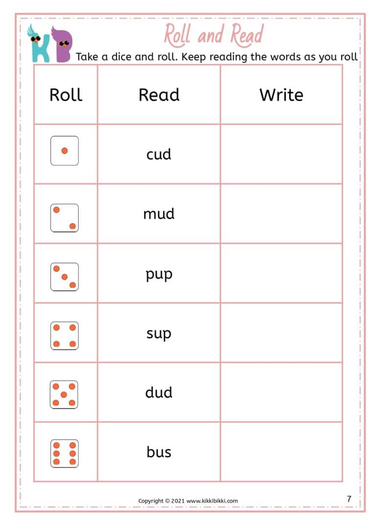 CVC UP, UD, and US Word Family - Roll and Read Worksheets