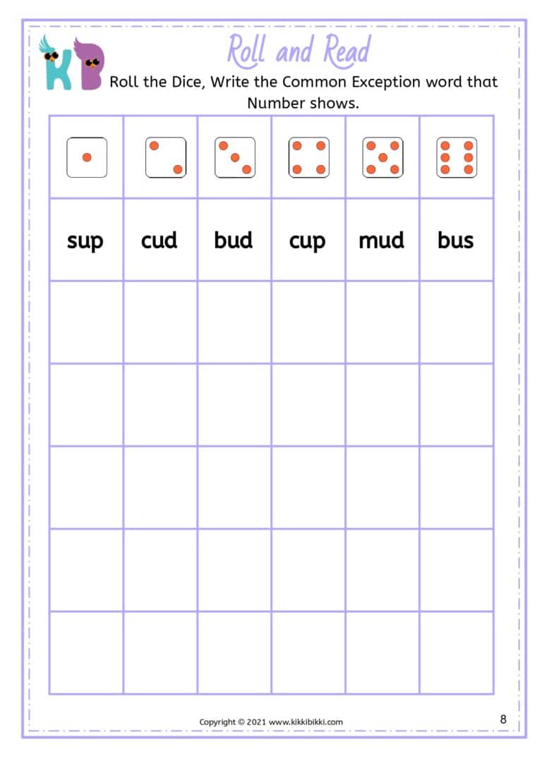 CVC UP, UD, and US Word Family - Roll and Read Worksheets