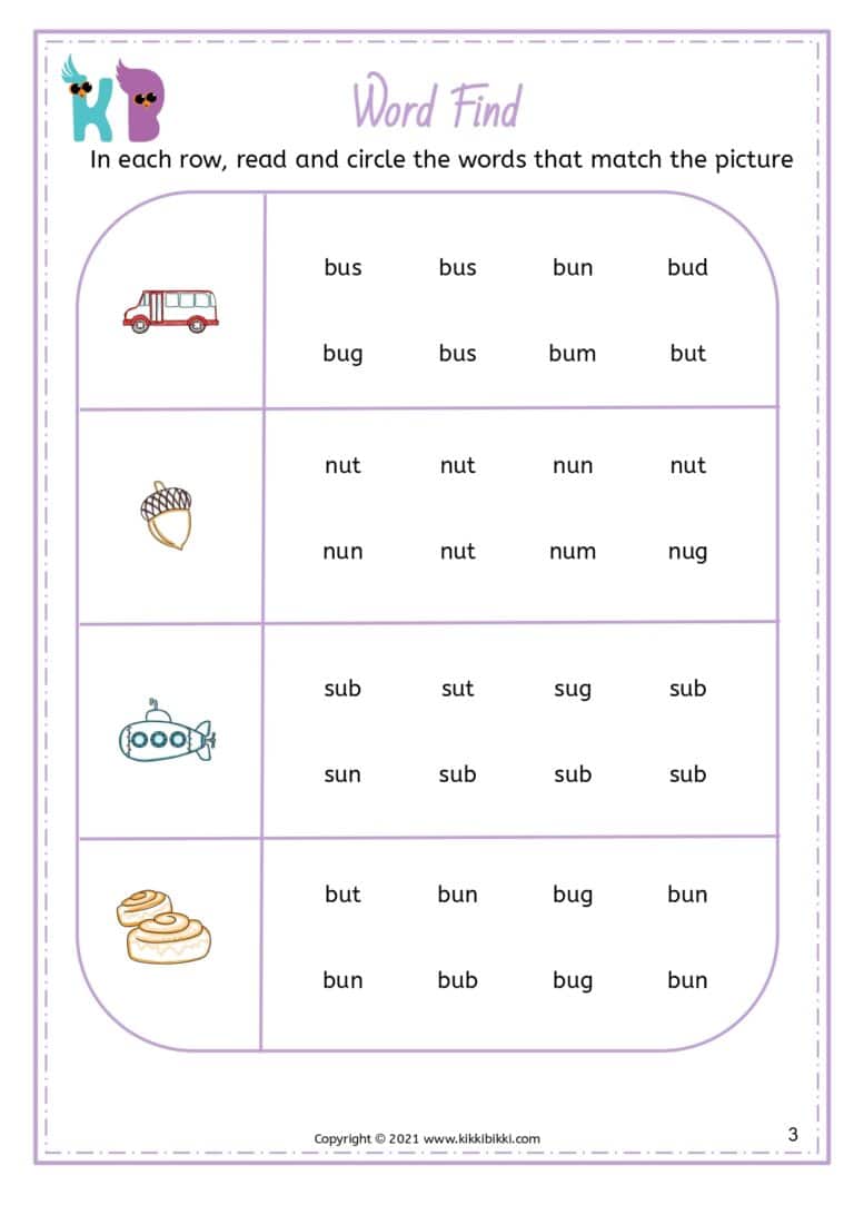 Consolidation of CVC U Sound Family - Read and Find Worksheets