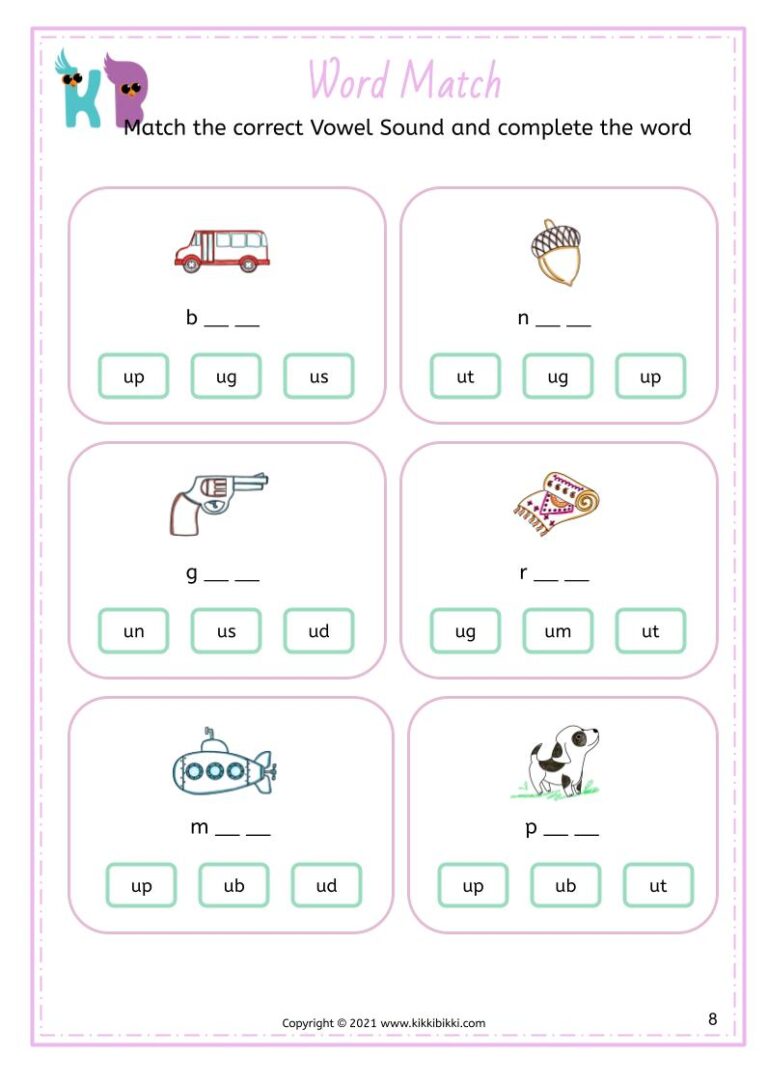 Consolidation of CVC U Sound Family - Word Match Worksheets