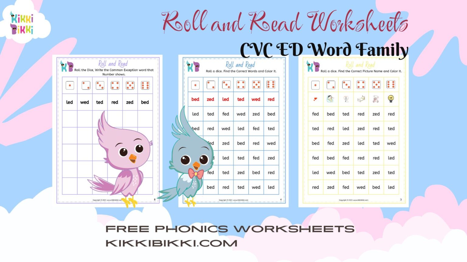 CVC ED Word Family - Roll and Read Worksheets for Kindergarten