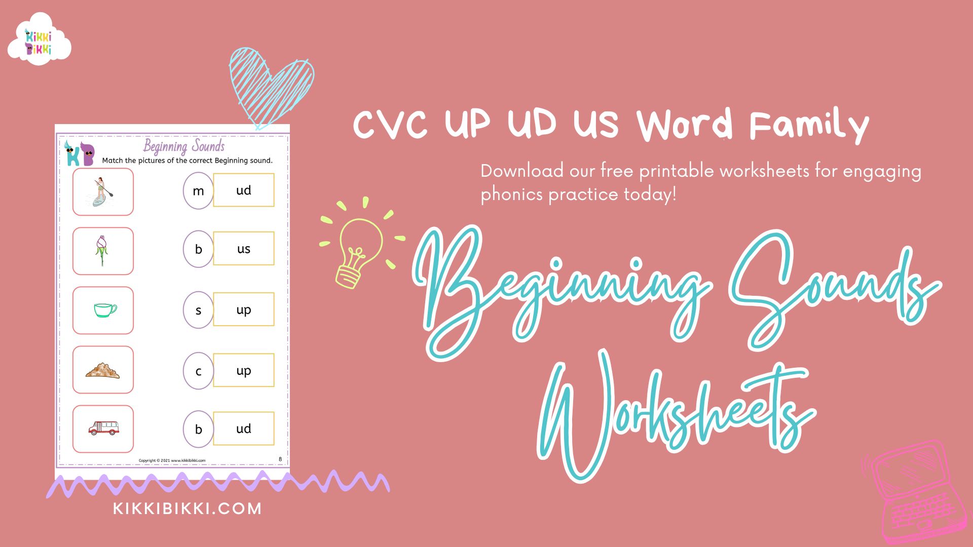 CVC UP, UD, and US Word Family - Beginning Sounds Worksheets